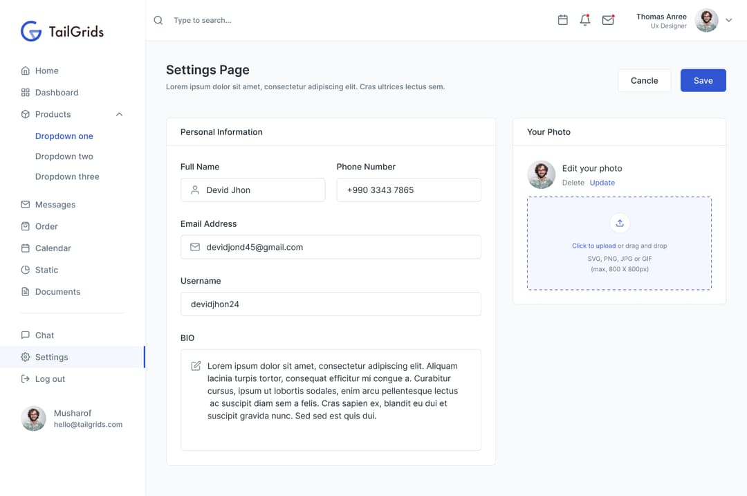 Tailwind Settings Pages - Components and Sections | TailGrids