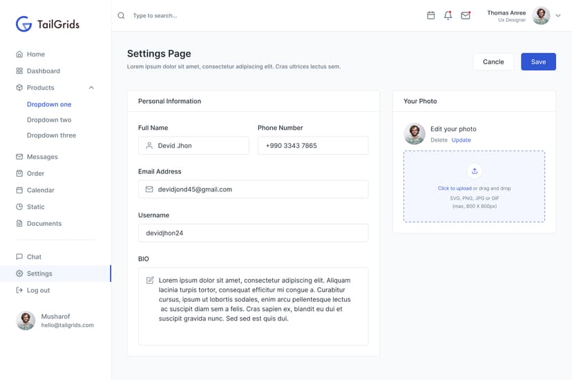 Tailwind Settings Pages - Components and Sections | TailGrids