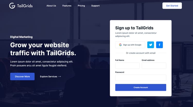Tailwind Headers & Hero Area - Components and Sections | TailGrids